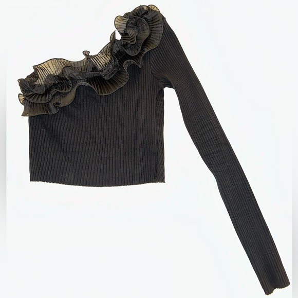 Zara | Tops | Zara Black Ruffle One Shoulder Crop Top | Poshmark